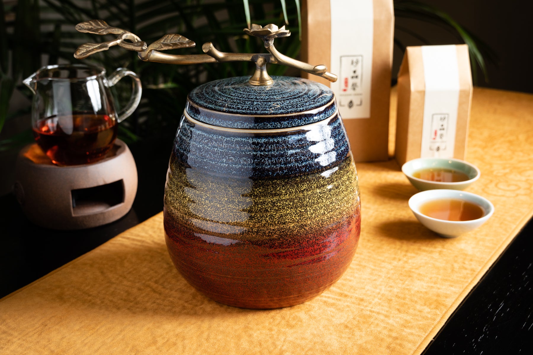 Tri Colour Brass Leaf Handle Tea Canister (Caddy)