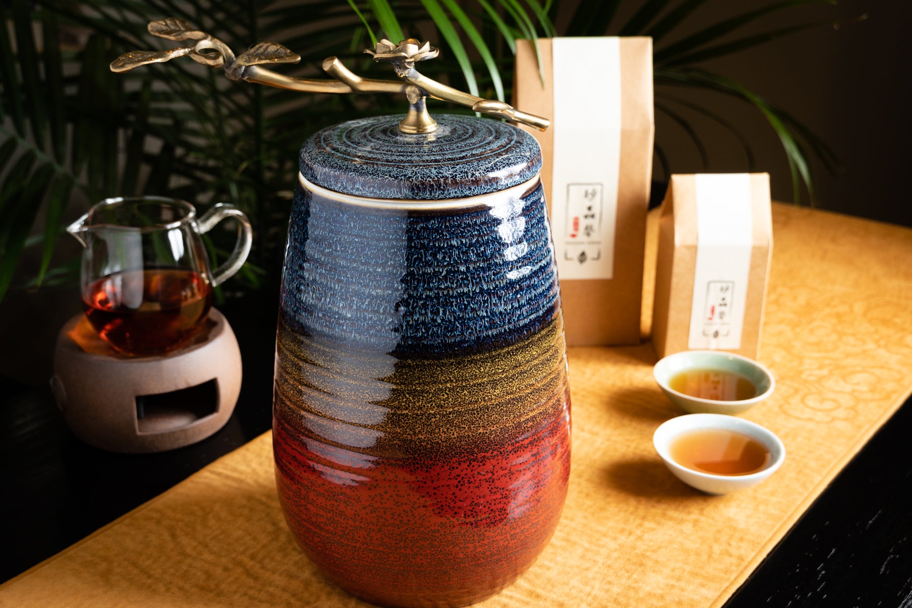 Tri Colour Brass Leaf Handle Tea Canister (Caddy)