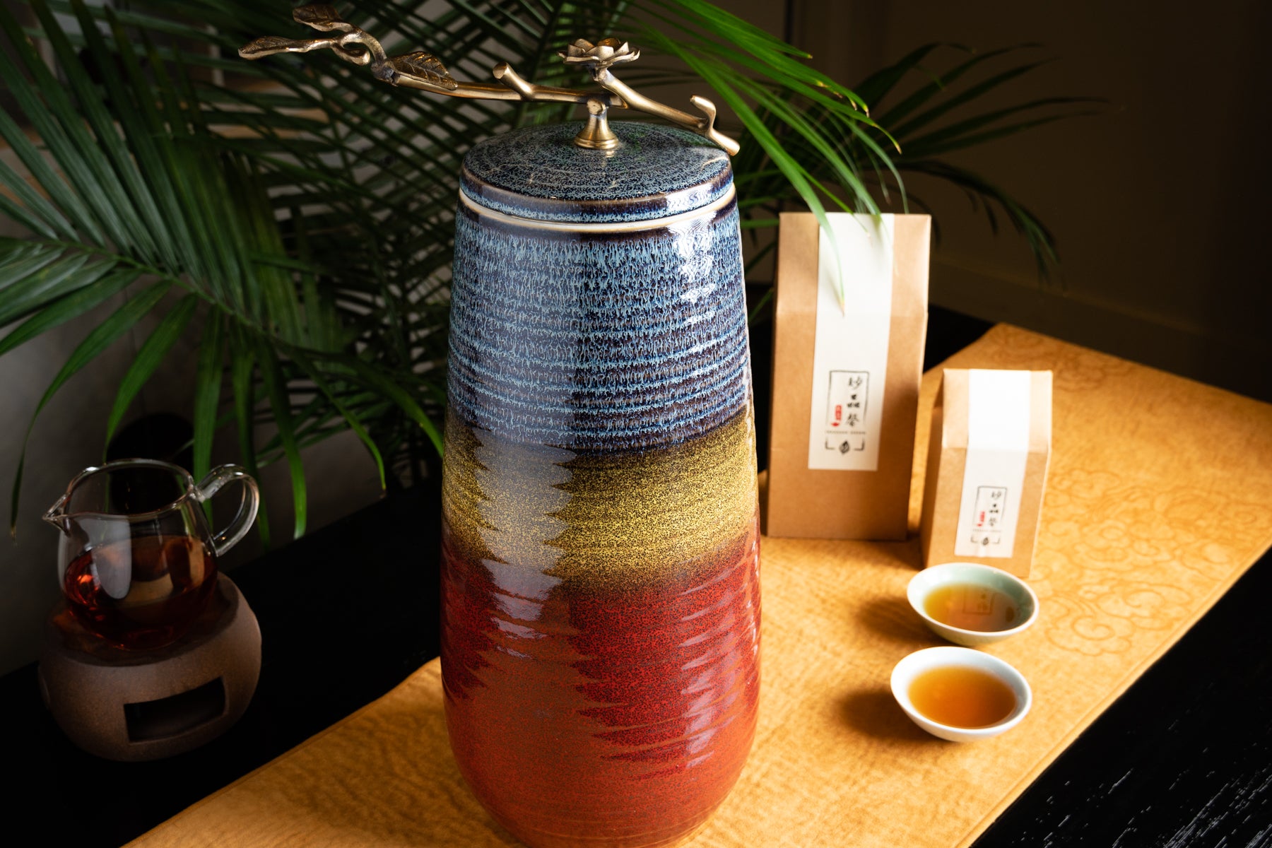 Tri Colour Brass Leaf Handle Tea Canister (Caddy)